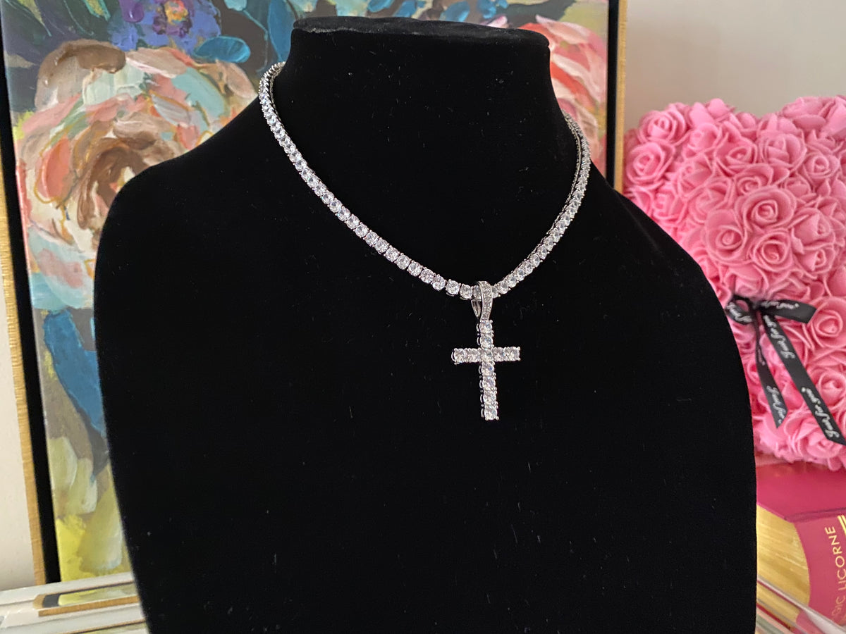 Deluxe Iced Cross Pendant & Tennis Chain Eternity Necklace ...